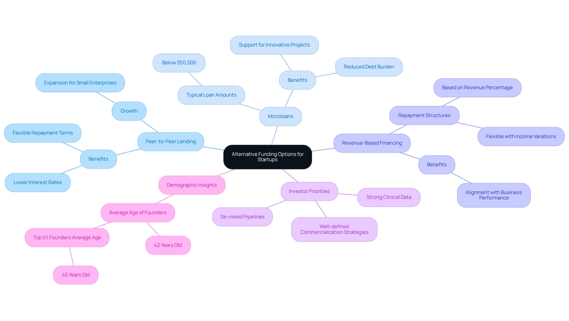 Each branch represents a different funding option, with sub-nodes detailing specific characteristics and benefits.