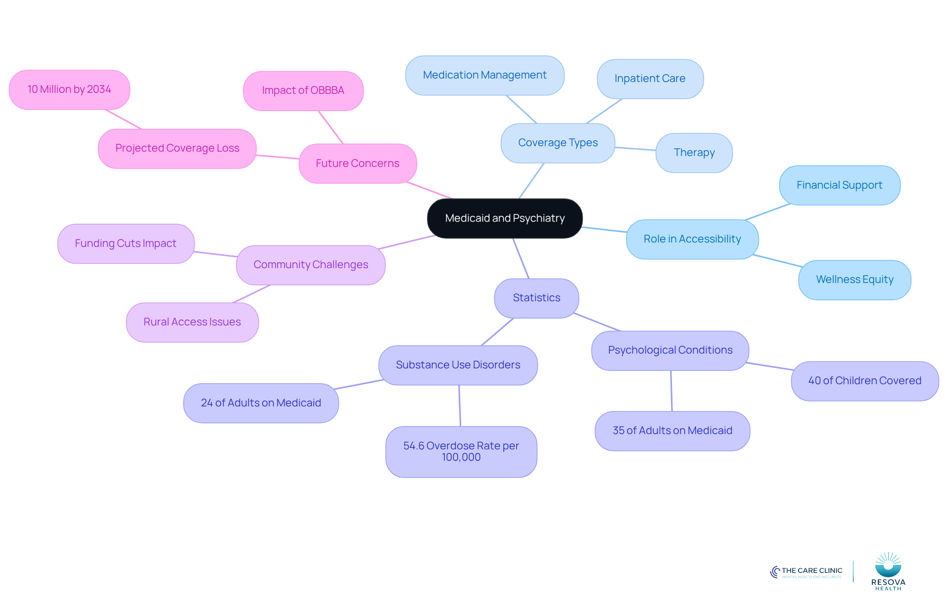 The central node represents Medicaid's role, with branches showing how it impacts accessibility, the types of coverage it provides, important statistics, community challenges, and future concerns. Each branch helps illustrate the interconnectedness of these topics.