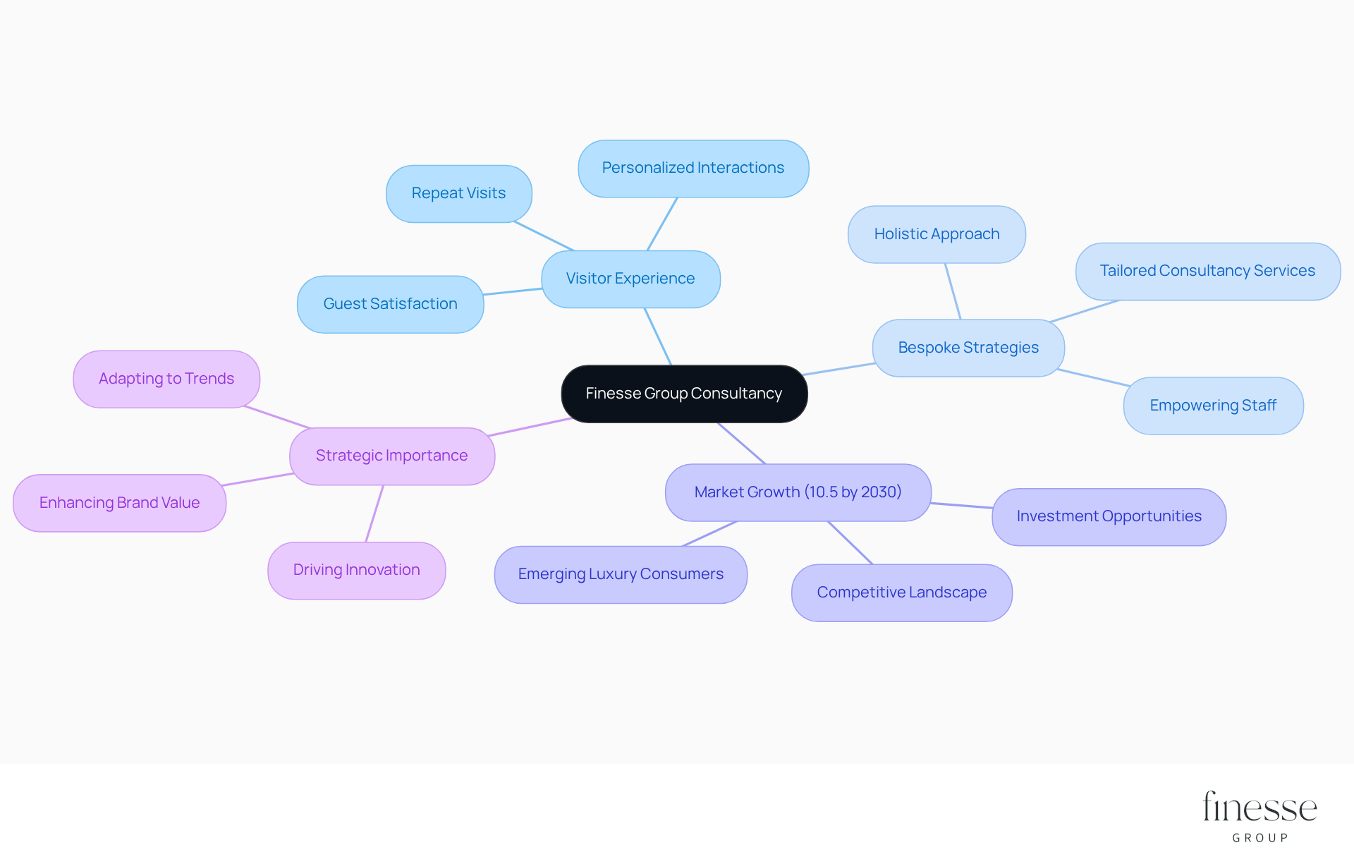 The central node represents Finesse Group's consultancy, with branches illustrating the key components of their approach, including how they enhance visitor experiences and adapt to market growth.