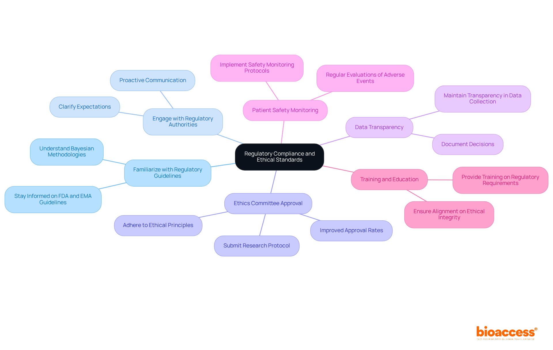 The central node represents the main focus of the strategies, while each branch shows a specific strategy. Follow the branches to explore the actions that support each strategy, helping to visualize how they contribute to overall compliance and ethics.
