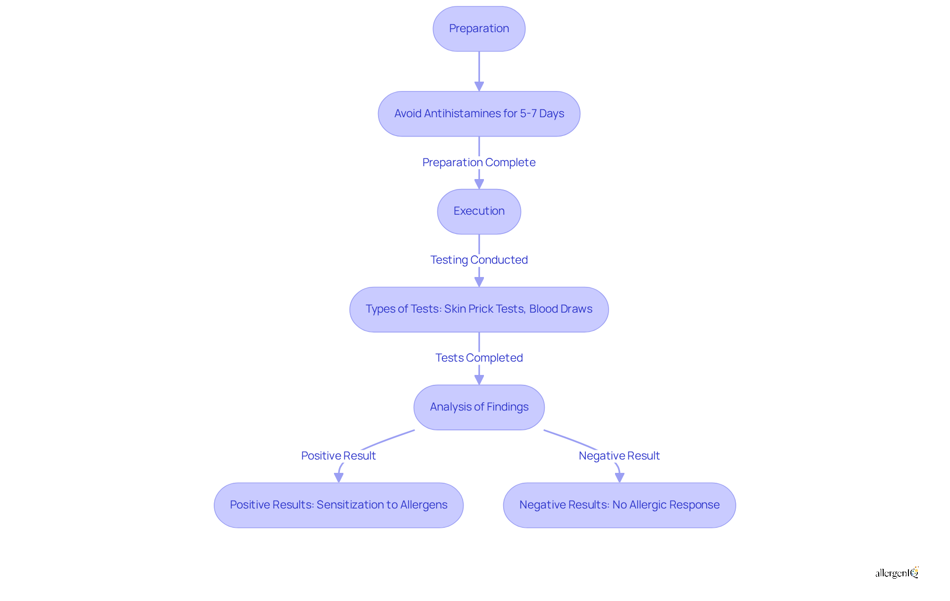Each box represents a stage in the allergy testing process. Follow the arrows to see how preparation leads to execution and then to the analysis of results.