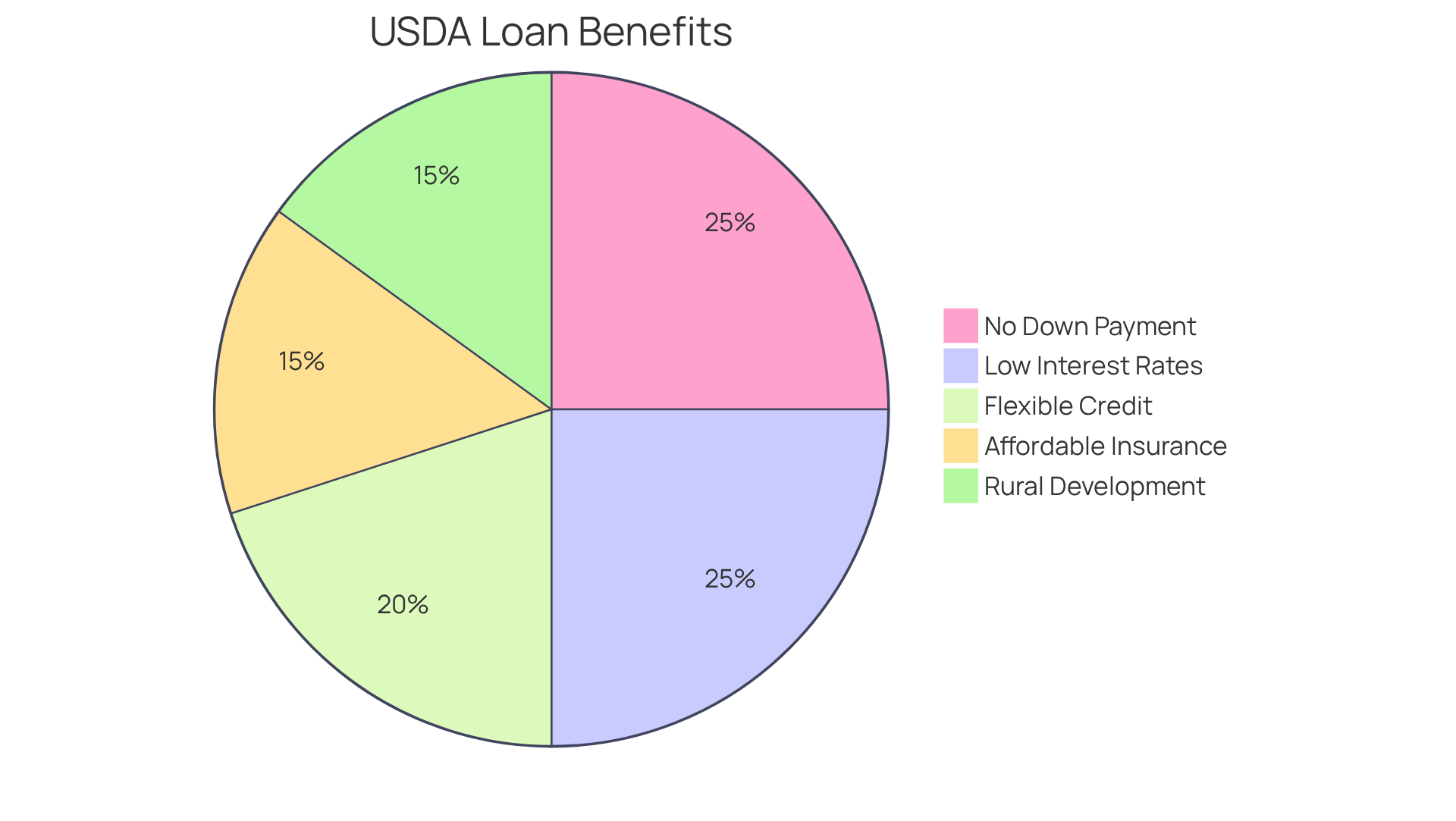 Each slice of the pie represents a key benefit of the USDA Loan Program. The bigger the slice, the more significant that benefit is in helping potential homeowners achieve their dream of owning a home in rural areas.