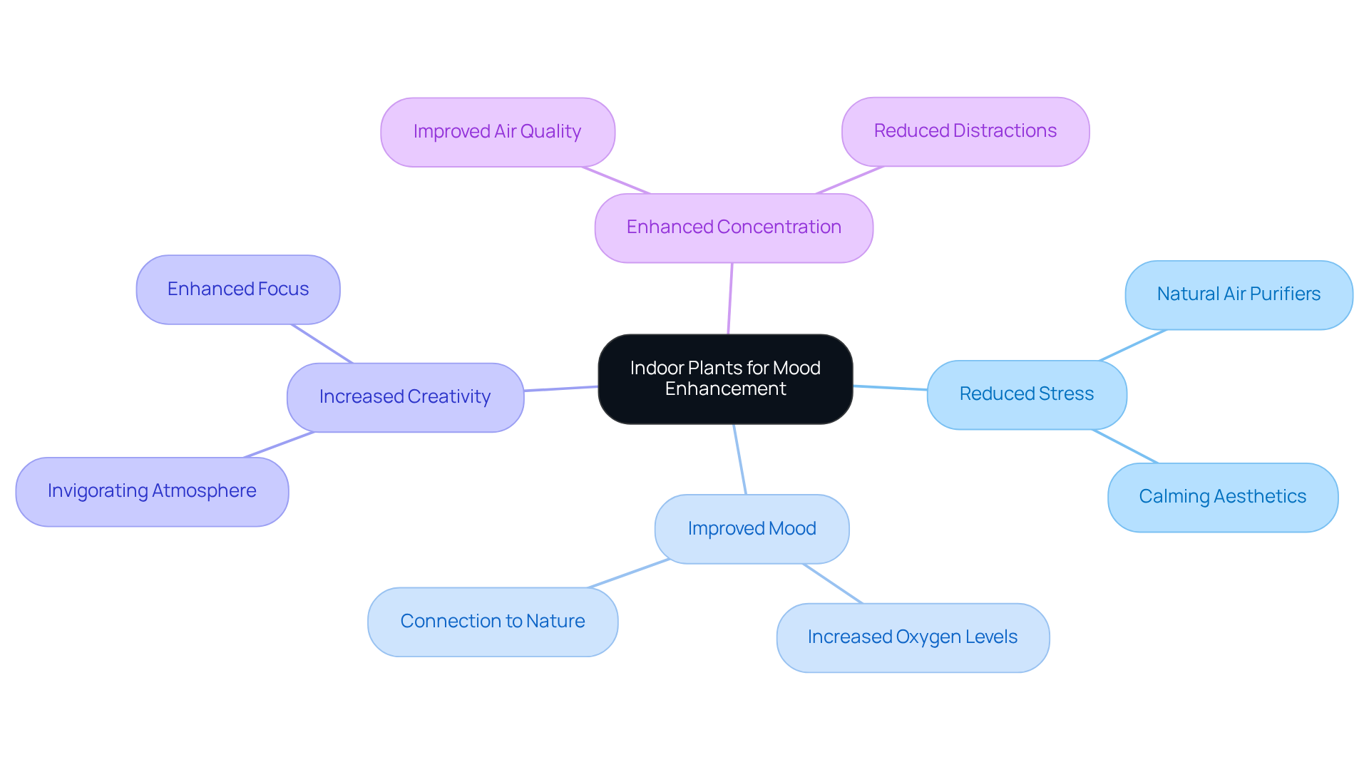 The central idea is about using indoor plants to enhance your workspace. Each branch shows a specific benefit, and the sub-branches provide more details on how they help improve your mood and productivity. The central idea is about using indoor plants to enhance your workspace. Each branch shows a specific benefit, and the sub-branches provide more details on how they help improve your mood and productivity.