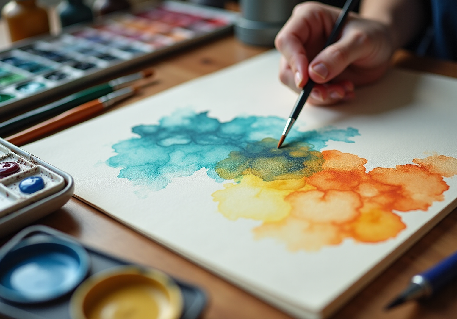 Creative Workspace with Watercolor Paper Creative Workspace with Watercolor Paper