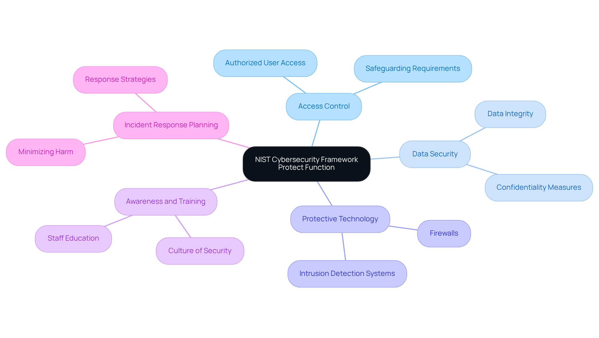 The central node represents the Protect function's goal. Each branch shows a key component, and the sub-branches detail their significance in achieving CMMC compliance and enhancing cybersecurity.