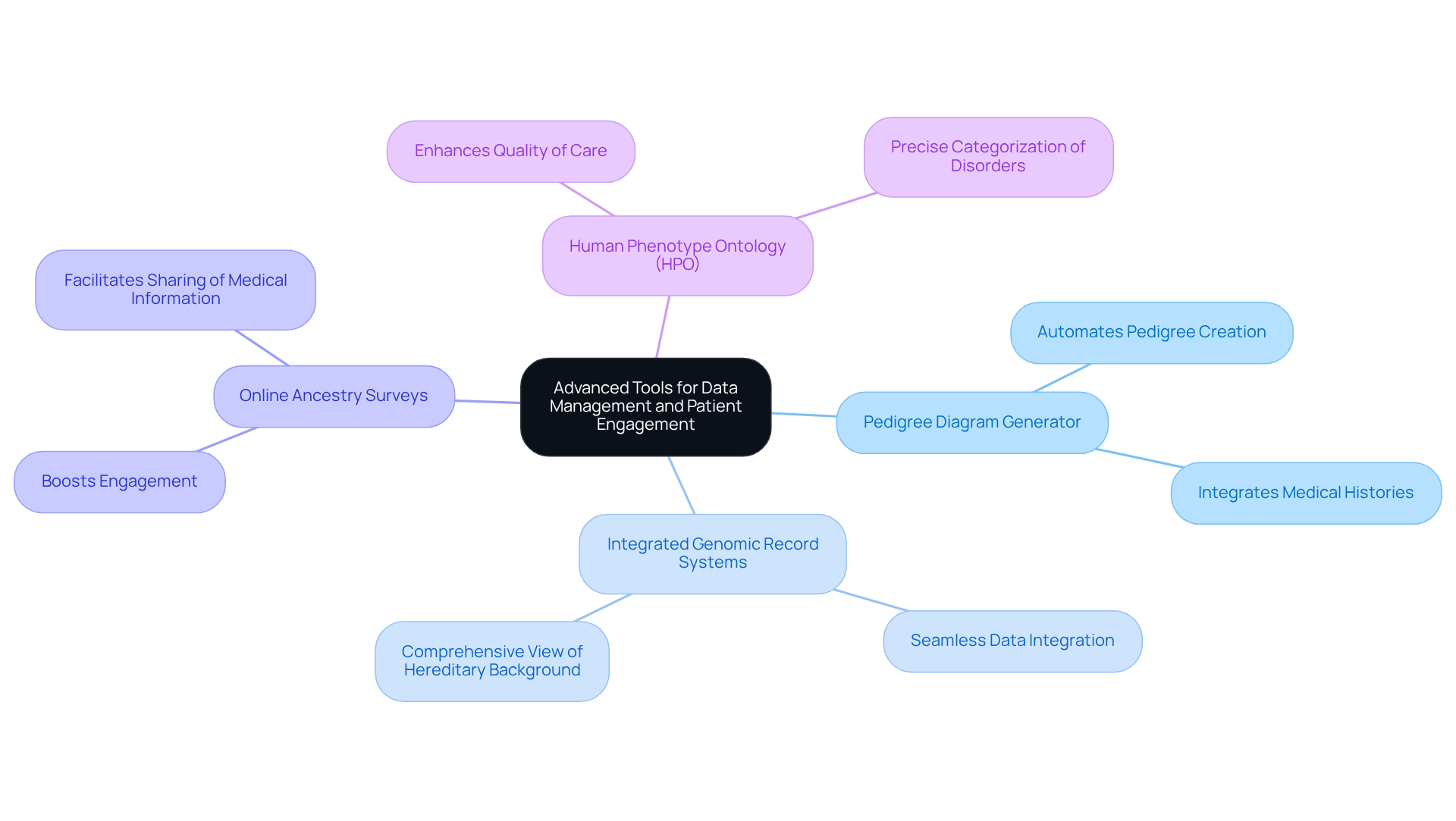 Start at the center with the main theme, then explore each branch to see how different tools contribute to better data management and patient involvement. Each color represents a different tool, making it easy to follow the connections.