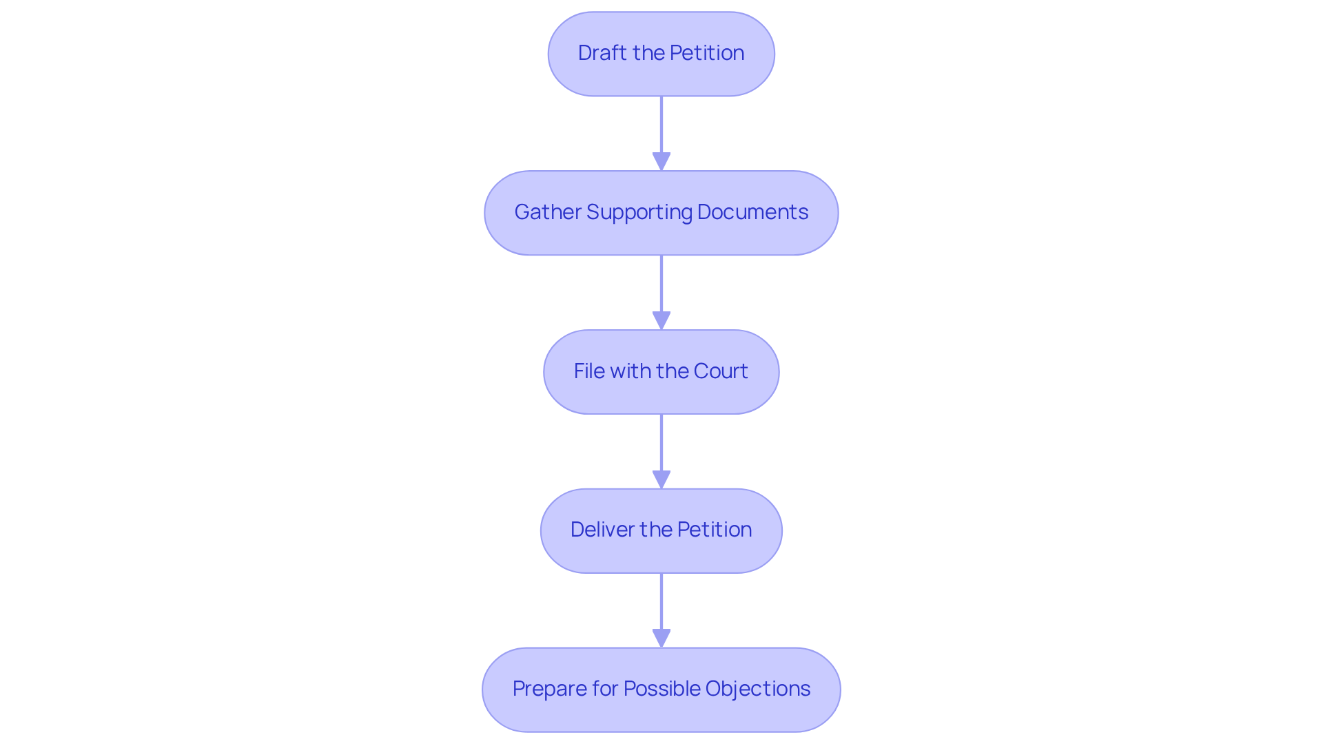 Each box represents a step you need to take to file your petition. Follow the arrows to see the order of actions you should complete to successfully navigate the process.