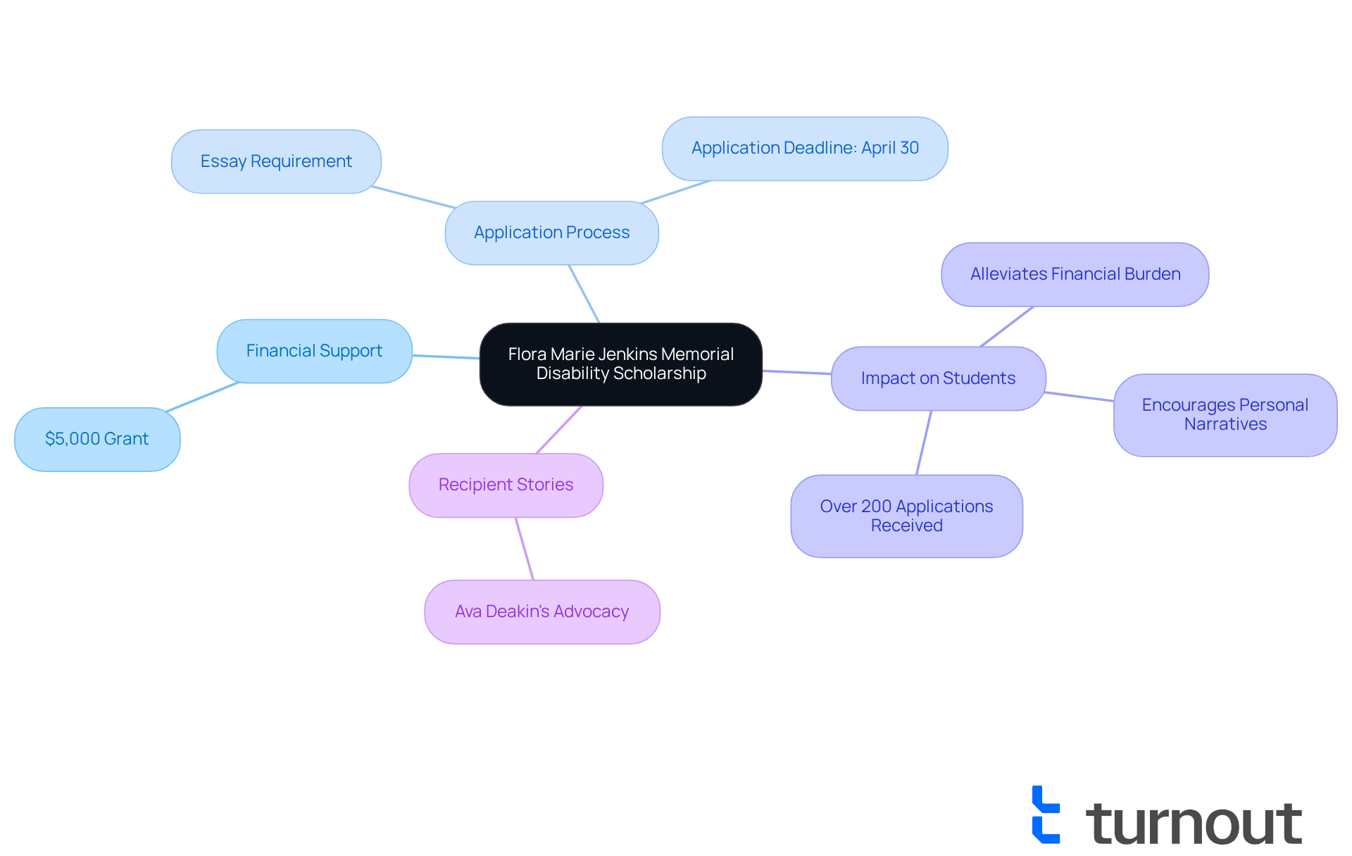 This mindmap shows how the scholarship works: the center represents the scholarship itself, while the branches provide insights into its financial support, application requirements, and the inspiring stories of its recipients.