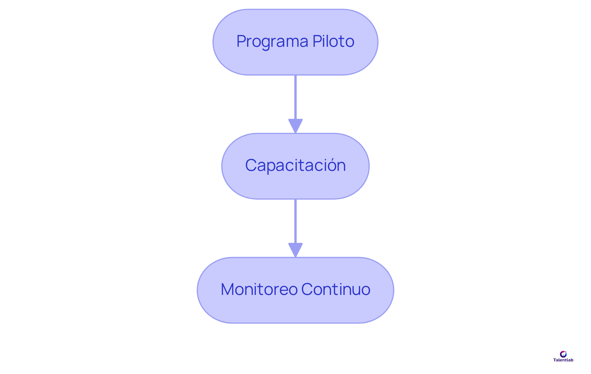 Cada caja representa un paso en el proceso de implementación. Sigue las flechas para ver cómo cada etapa se conecta con la siguiente, desde el programa piloto hasta el monitoreo continuo.