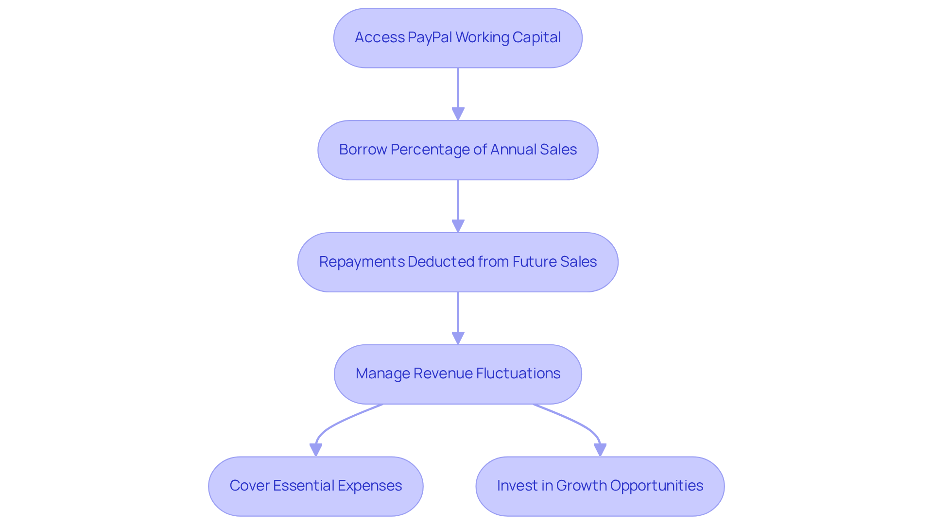 This flowchart outlines how e-commerce businesses can access funding through PayPal Working Capital. Each step shows the journey from borrowing based on sales to managing repayments and achieving financial stability.