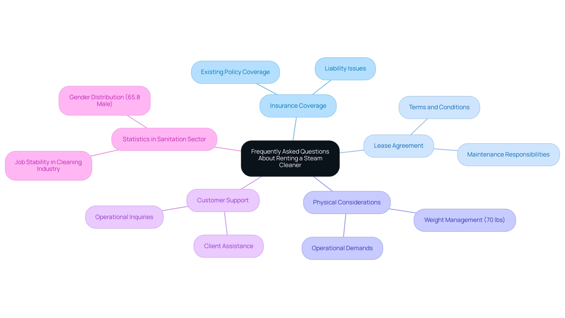 Each branch represents a key area of inquiry related to renting a steam cleaner, with sub-branches providing more specific questions or considerations.