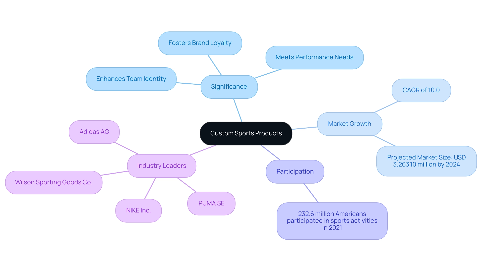 The central node represents custom sports products, with branches illustrating significance, market growth, participation, and key industry leaders.