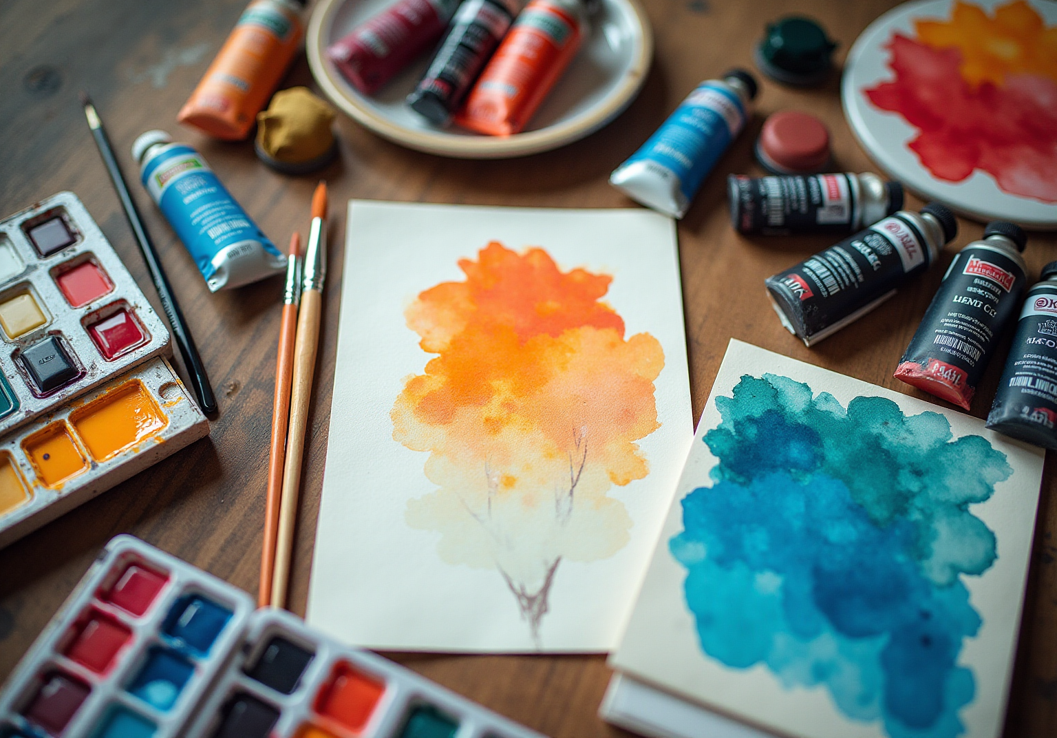 Artistic Workspace with Watercolor Brands Artistic Workspace with Watercolor Brands