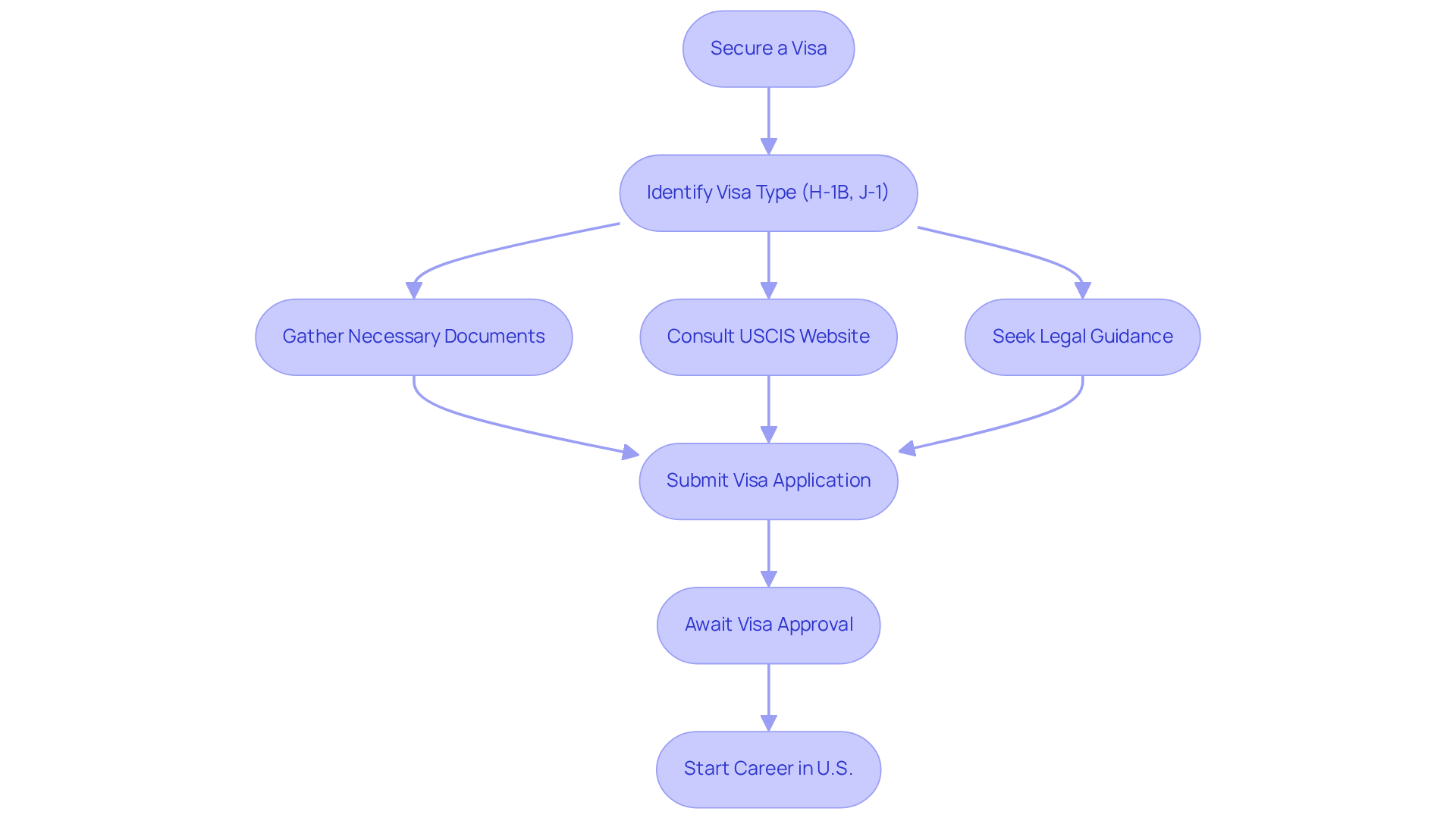 This flowchart outlines the steps you need to take to secure a visa. Start at the top with the main goal, then follow the arrows to see what actions you should take next, like identifying the right visa type and gathering documents.