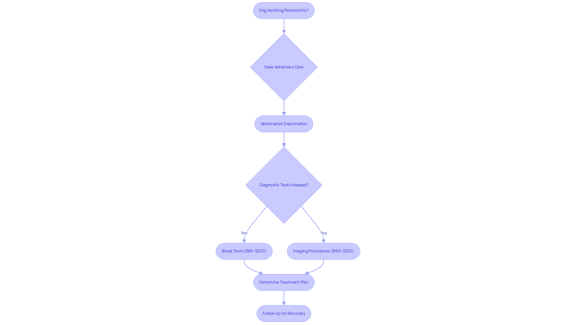 Follow the arrows to see the steps for getting help. Start if your dog is vomiting, then proceed through examination and tests to find the best treatment.