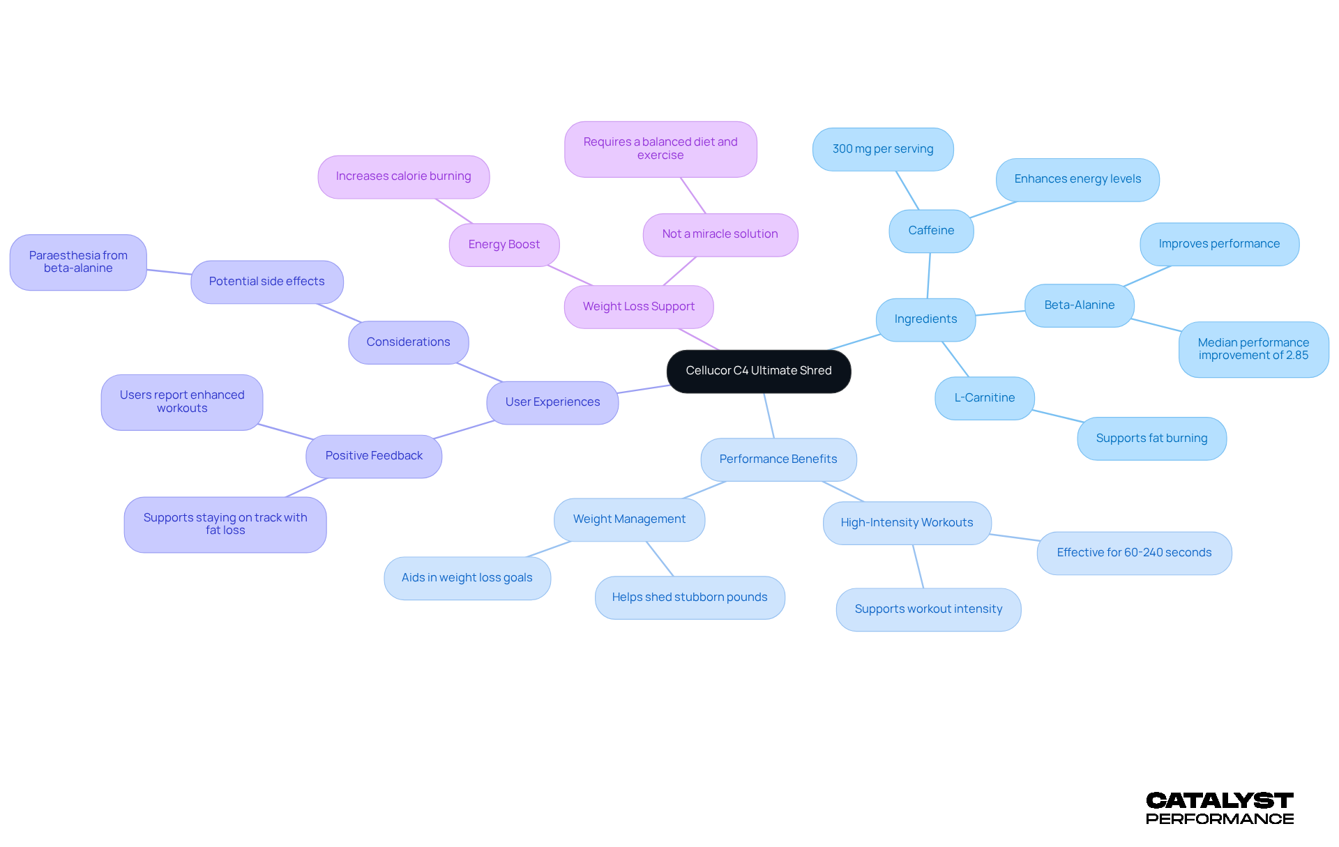 The center represents the product, and the branches show its key features and benefits. Each color-coded branch helps you quickly identify different aspects of the supplement, making it easier to understand how it can support your fitness journey.