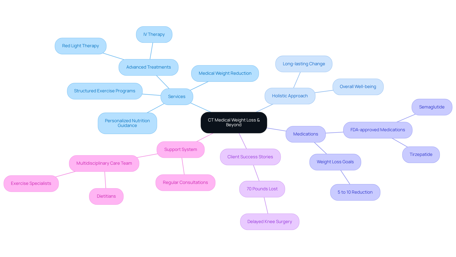 This mindmap starts with the main program at the center and branches out to show the various services and support offered. Each branch represents a different aspect of the program, helping you see how everything connects to support your weight loss journey.