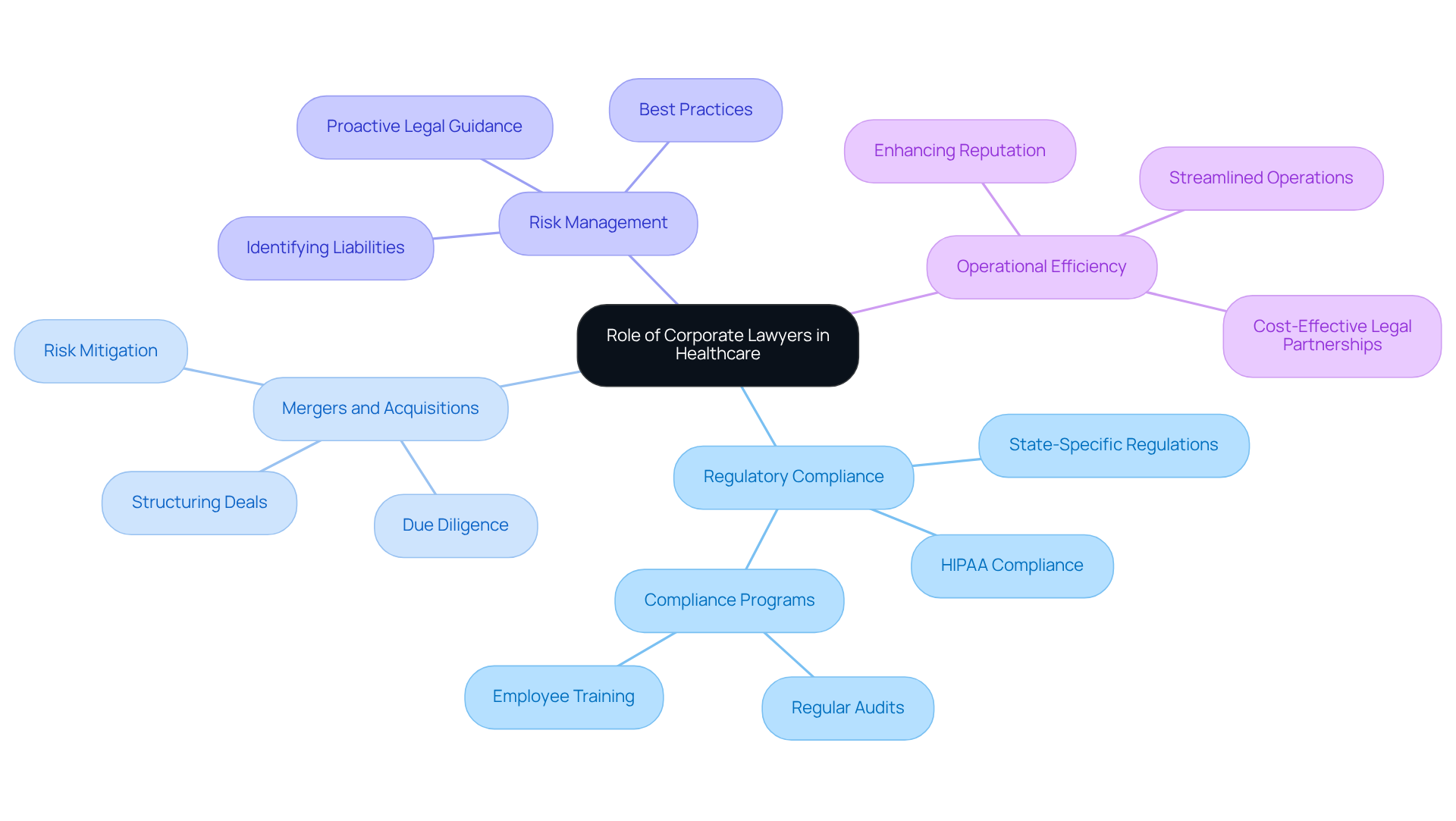 The central node represents the overall role of corporate lawyers, while the branches illustrate their specific contributions to healthcare facilities. Each sub-branch provides further details on how these contributions manifest in practice.
