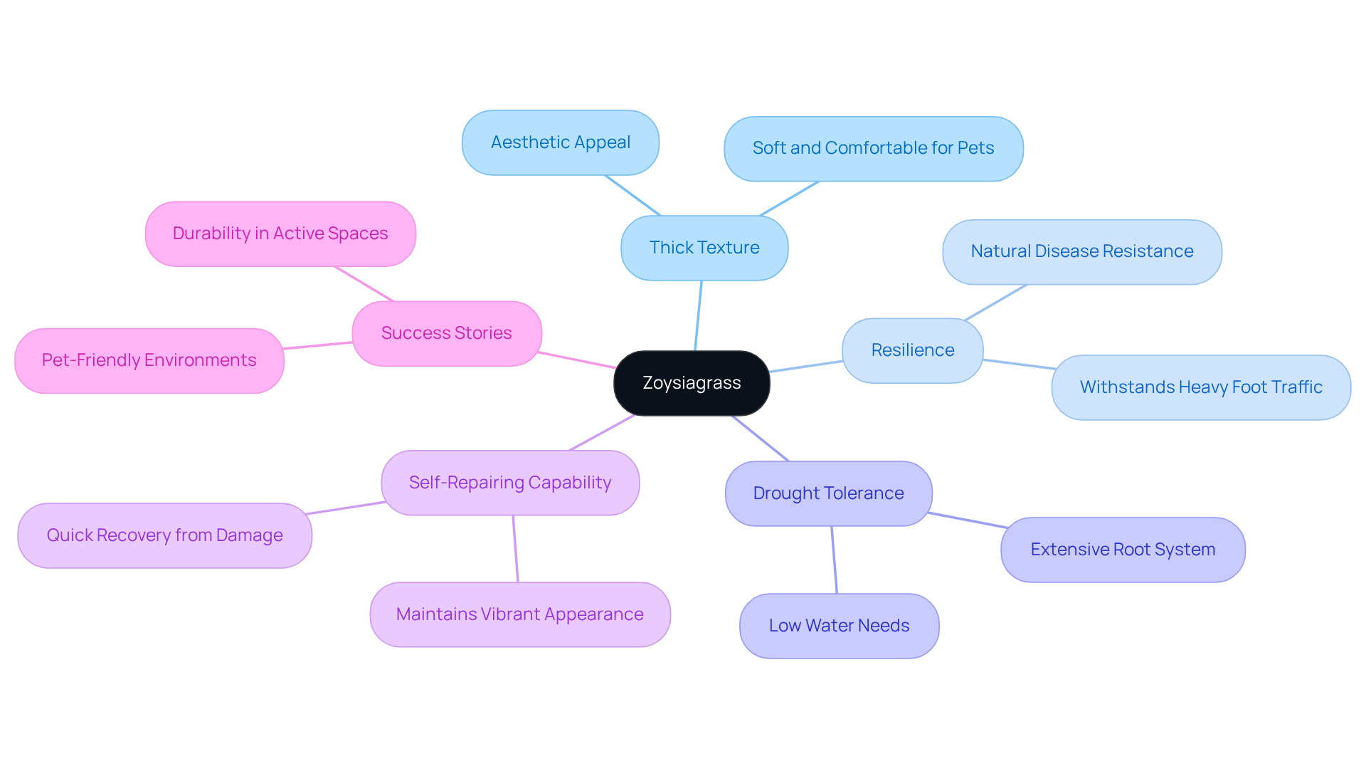 The central node represents Zoysiagrass, while the branches show its key features and benefits. Each color-coded branch helps you quickly identify different aspects of this grass type, making it easy to understand why it's a great choice for pet owners. The central node represents Zoysiagrass, while the branches show its key features and benefits. Each color-coded branch helps you quickly identify different aspects of this grass type, making it easy to understand why it's a great choice for pet owners.