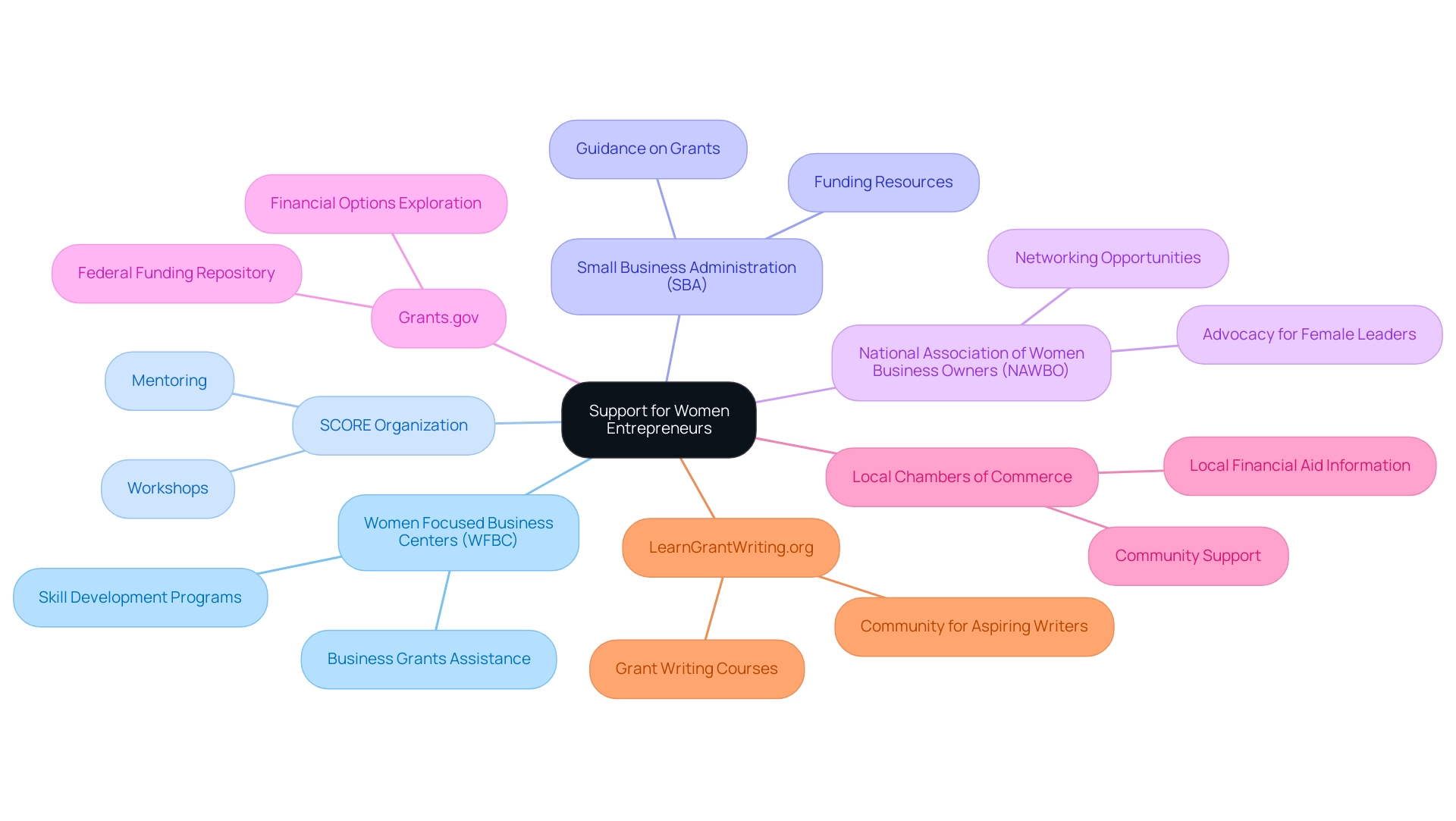 The central node represents the main topic, with branches for each support organization. Color coding corresponds to different entities providing support. The central node represents the main topic, with branches for each support organization. Color coding corresponds to different entities providing support.