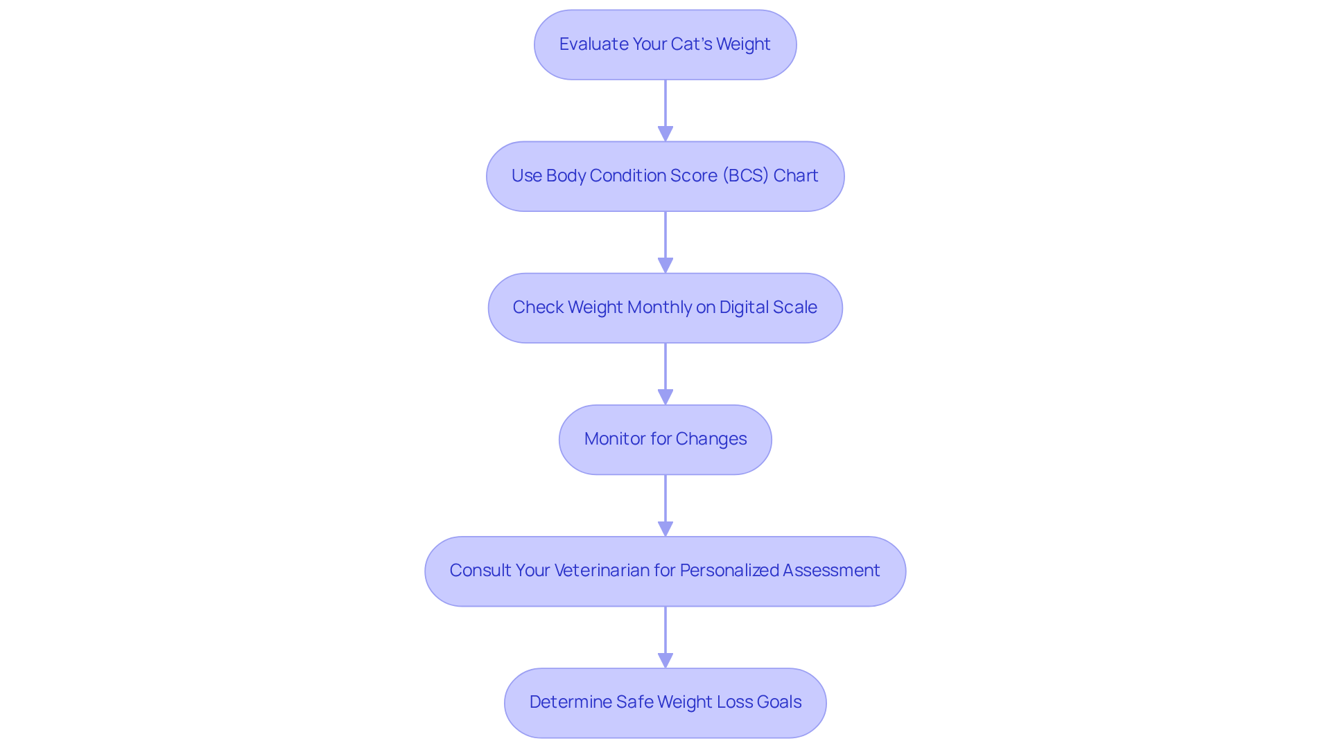 This flowchart shows you the steps to take when assessing your cat's weight, starting from using a scoring chart to finalizing weight loss goals with your vet. Follow the arrows to stay on track!