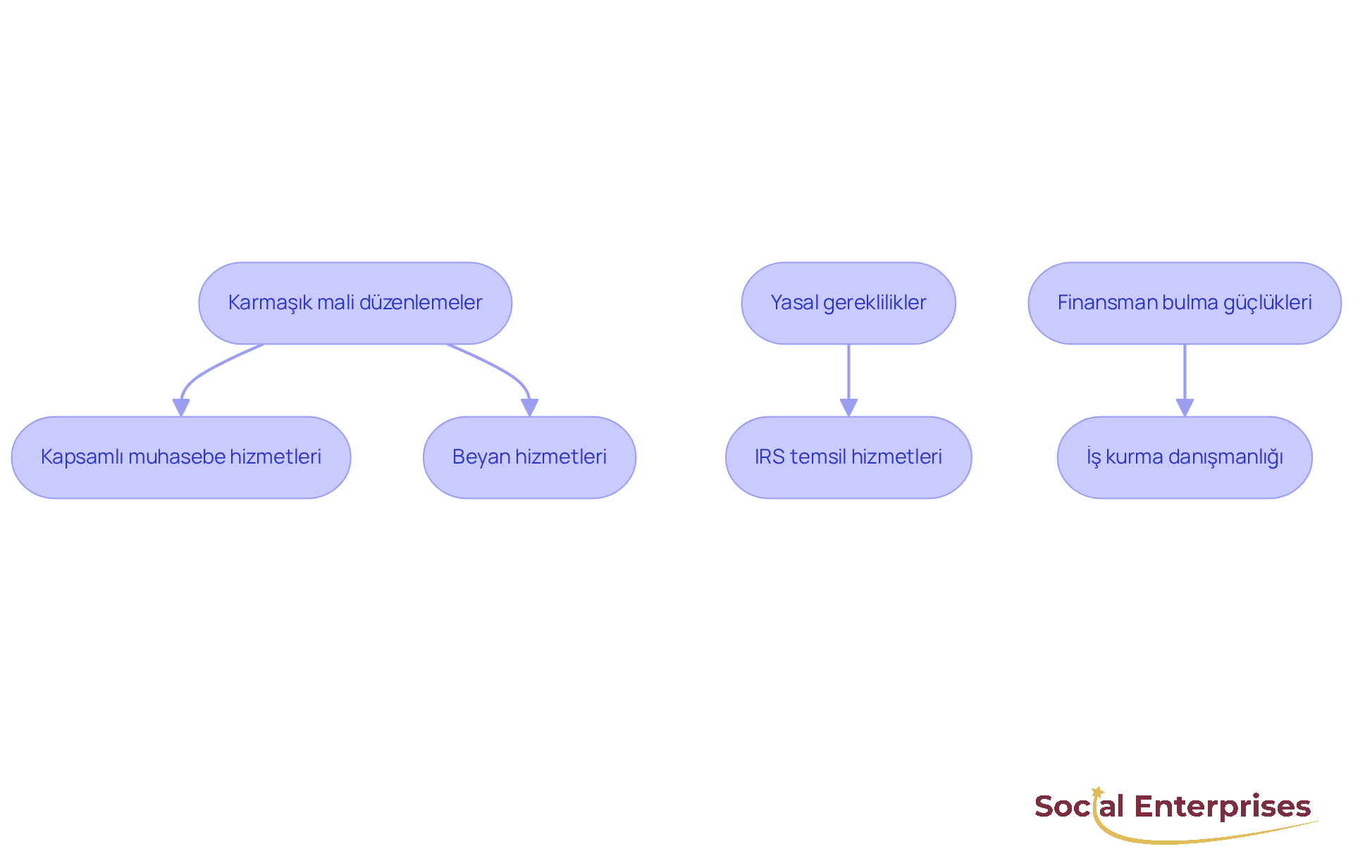 Her kutu, bir zorluğu temsil eder ve oklar, bu zorlukların üstesinden gelmek için önerilen hizmetleri gösterir. Okların yönü, çözüm yollarının hangi zorluklarla ilişkili olduğunu belirtir.