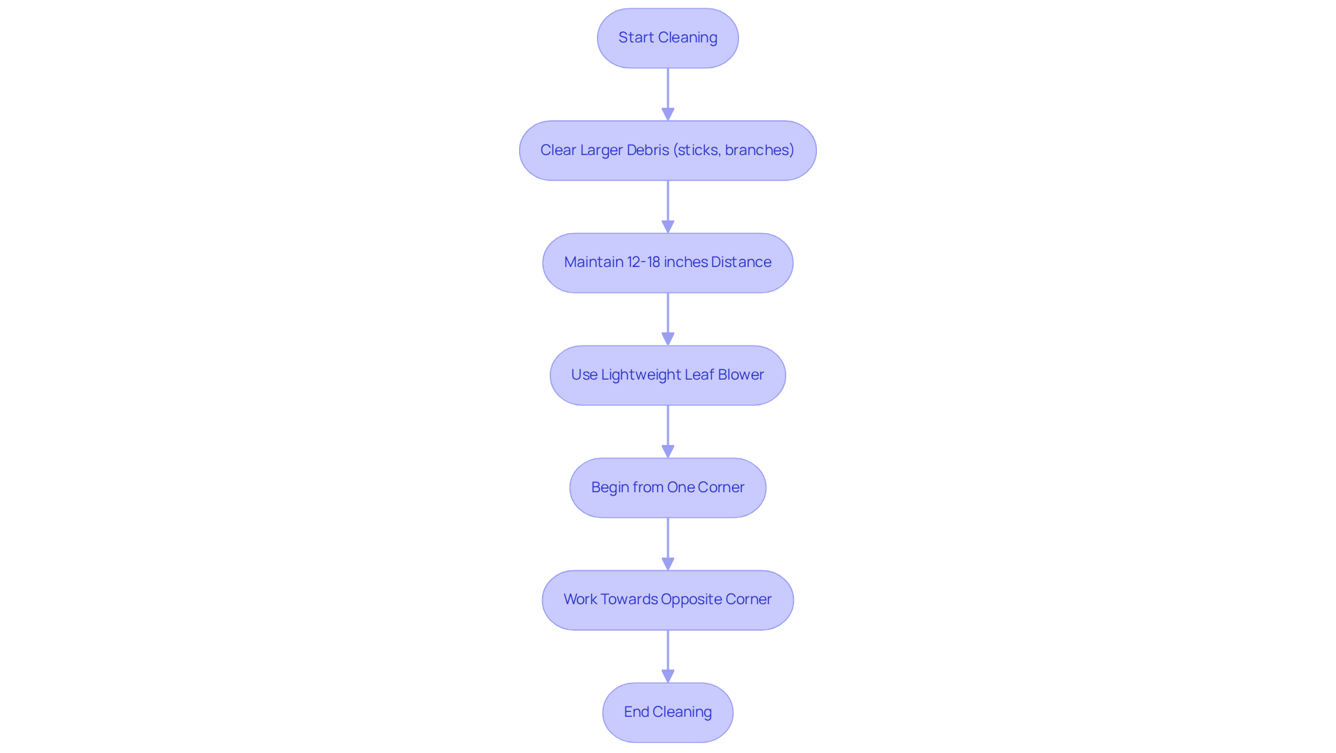Follow the arrows to see each step in using the leaf blower. Start by clearing big debris, then maintain the right distance, and clean from one corner to the other for the best results.