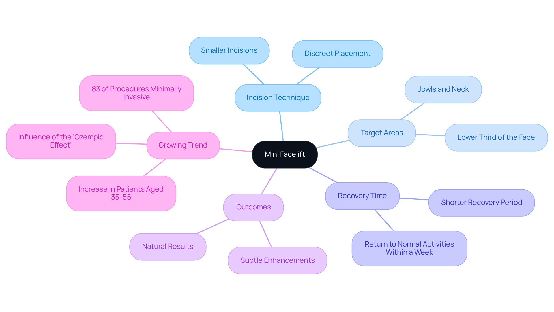 Start at the center with the mini facelift concept, then follow the branches to explore its key features and how they relate to the growing trend of minimally invasive cosmetic procedures.