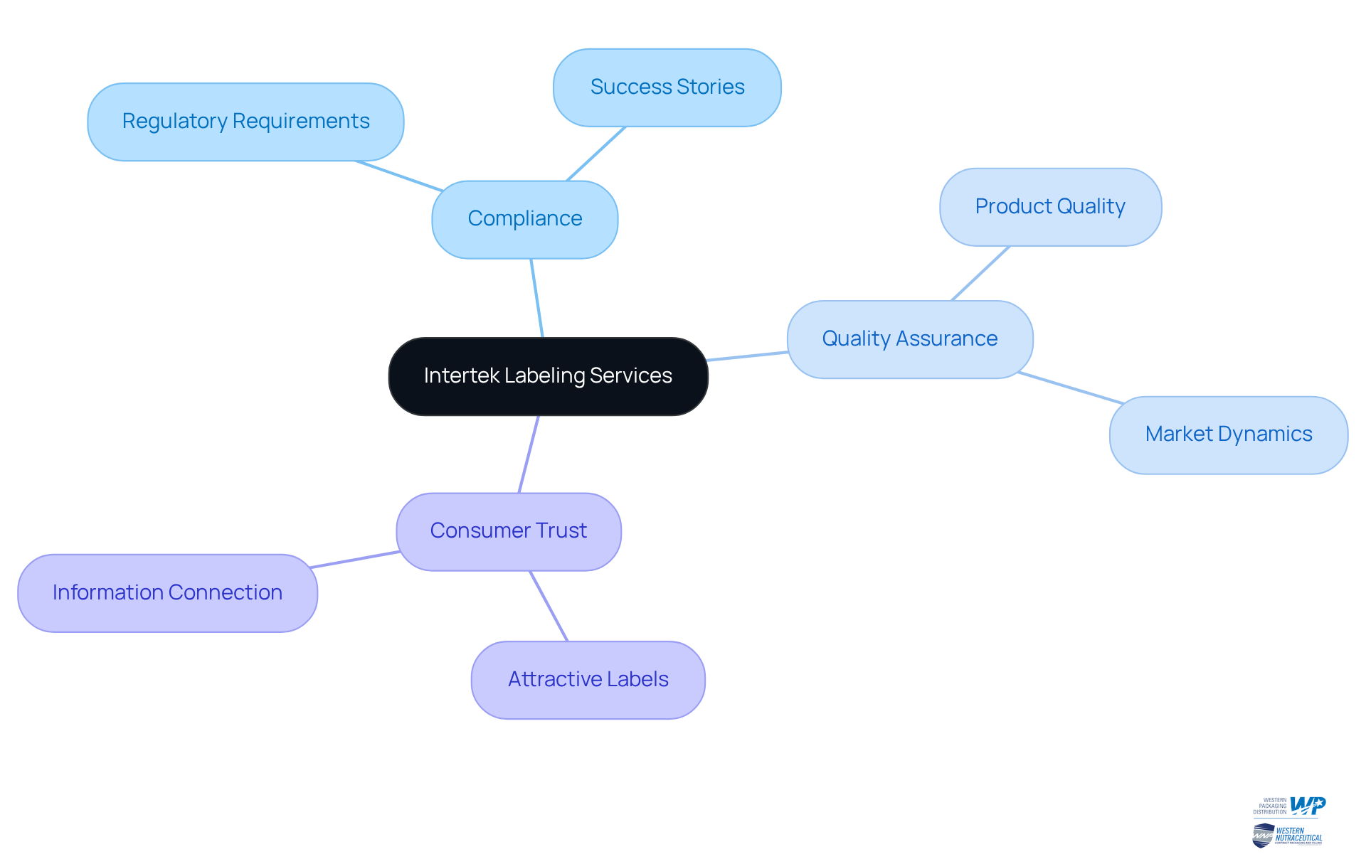 Begin at the center with Intertek's services, then follow the branches to explore how compliance, quality assurance, and consumer trust are connected and supported by effective labeling strategies.