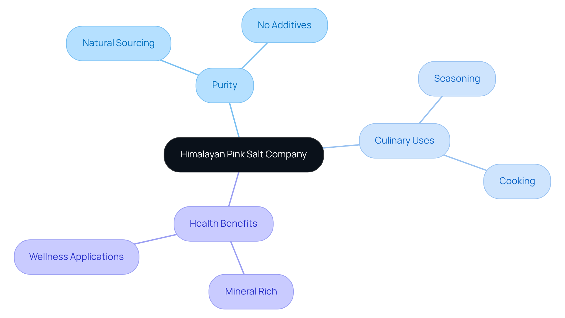 Start at the center with the company name, then explore the branches to see how the salt is pure, how it can be used in cooking, and its health benefits. Start at the center with the company name, then explore the branches to see how the salt is pure, how it can be used in cooking, and its health benefits.
