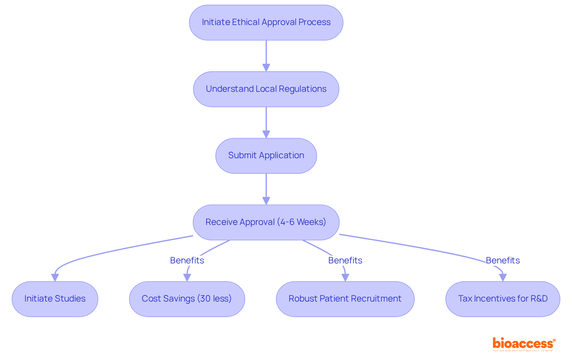 Follow the arrows to see how bioaccess accelerates the ethical approval process. Each step shows how they optimize the timeline and the benefits that come from it, making it easier for biopharma companies to start their research.