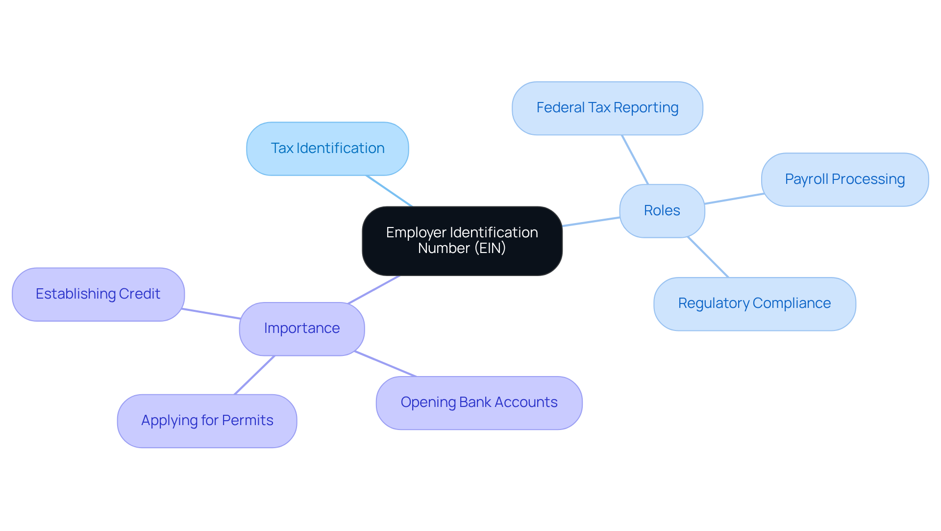 The central node represents EIN, with branches showing its roles and importance. Each branch highlights a specific aspect, making it easy to understand how EINs function in business operations. The central node represents EIN, with branches showing its roles and importance. Each branch highlights a specific aspect, making it easy to understand how EINs function in business operations.