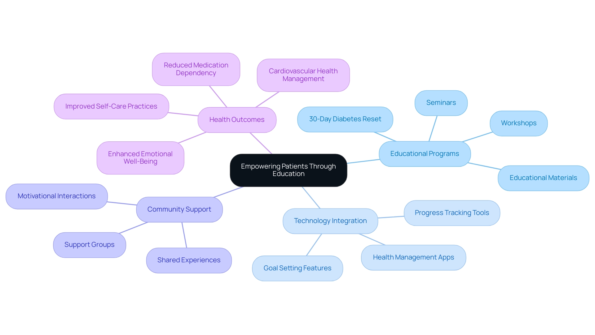 The central node represents patient empowerment, with branches illustrating key components such as educational programs, technological tools, community support, and health outcomes.