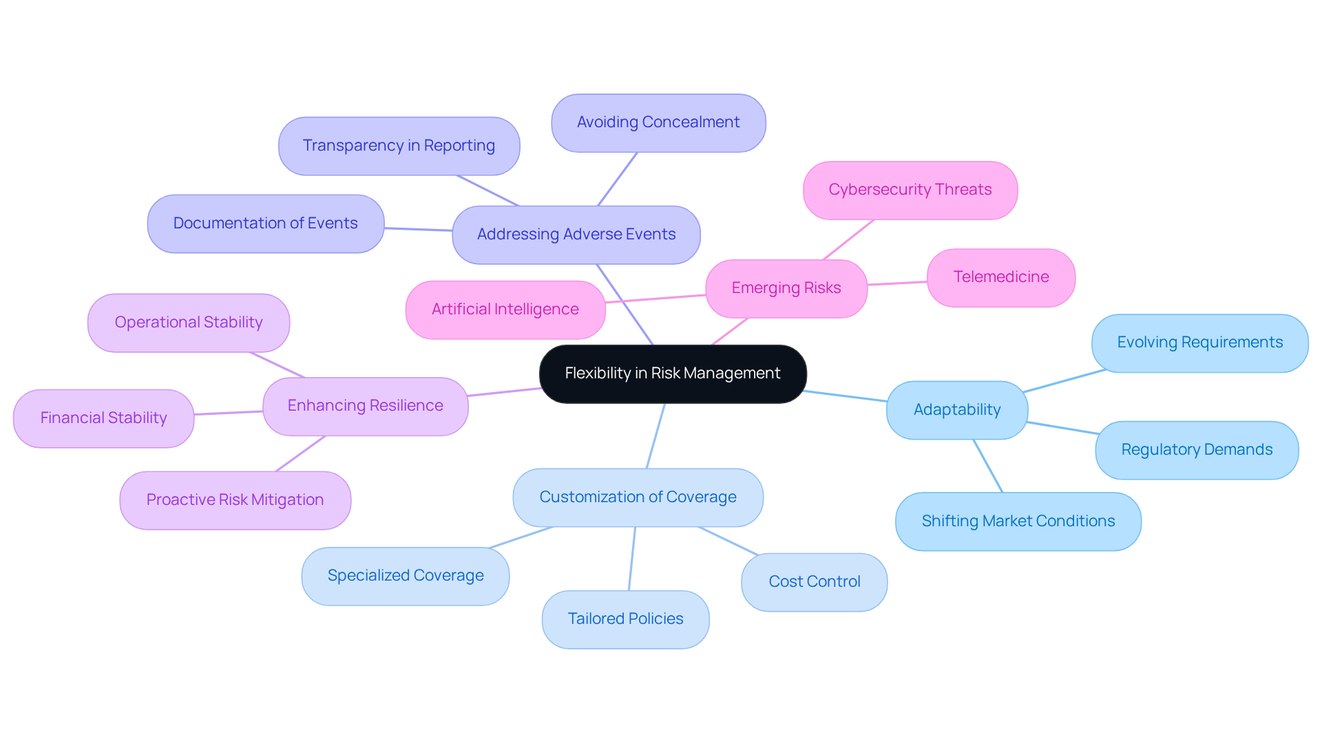 The central node represents the main theme of flexibility, while the branches show related concepts and actions that contribute to effective risk management in the medical field.