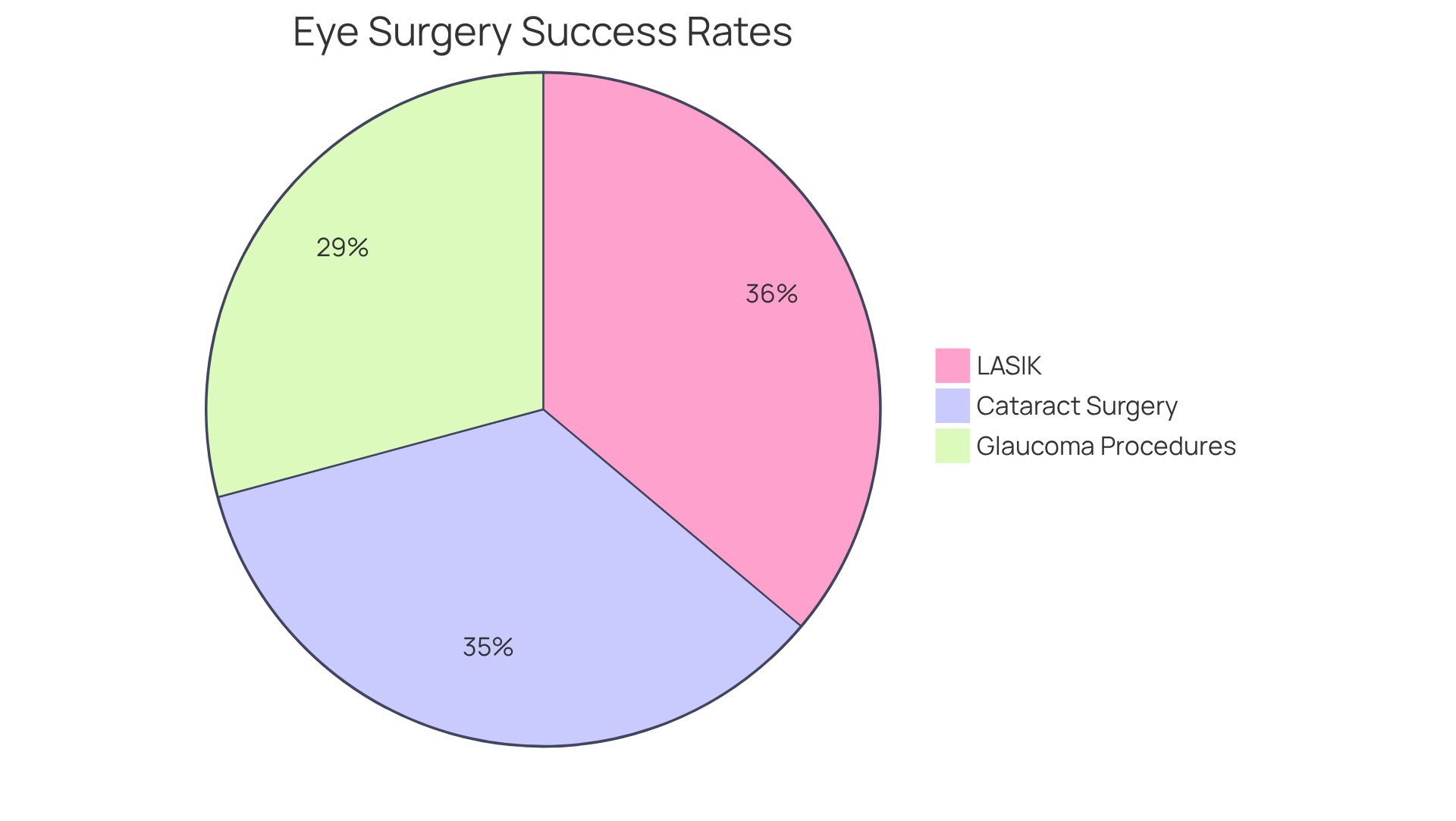 This pie chart shows the success rates and associated risks of different eye surgeries. Each slice represents a type of surgery: the larger the slice, the higher the success rate. The labels provide quick insights into the risks involved, helping you understand which procedure might be best for your needs.