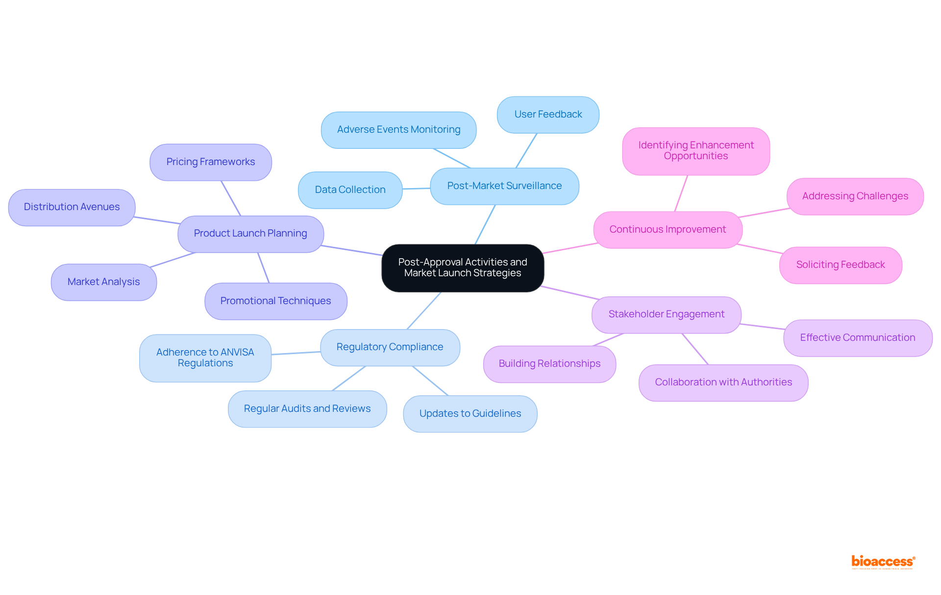 This mindmap starts with the main focus on post-approval activities. Each branch represents a crucial aspect of your strategy, and sub-branches detail the specific actions needed for success. Follow the connections to understand how these elements work together to ensure a successful market entry.