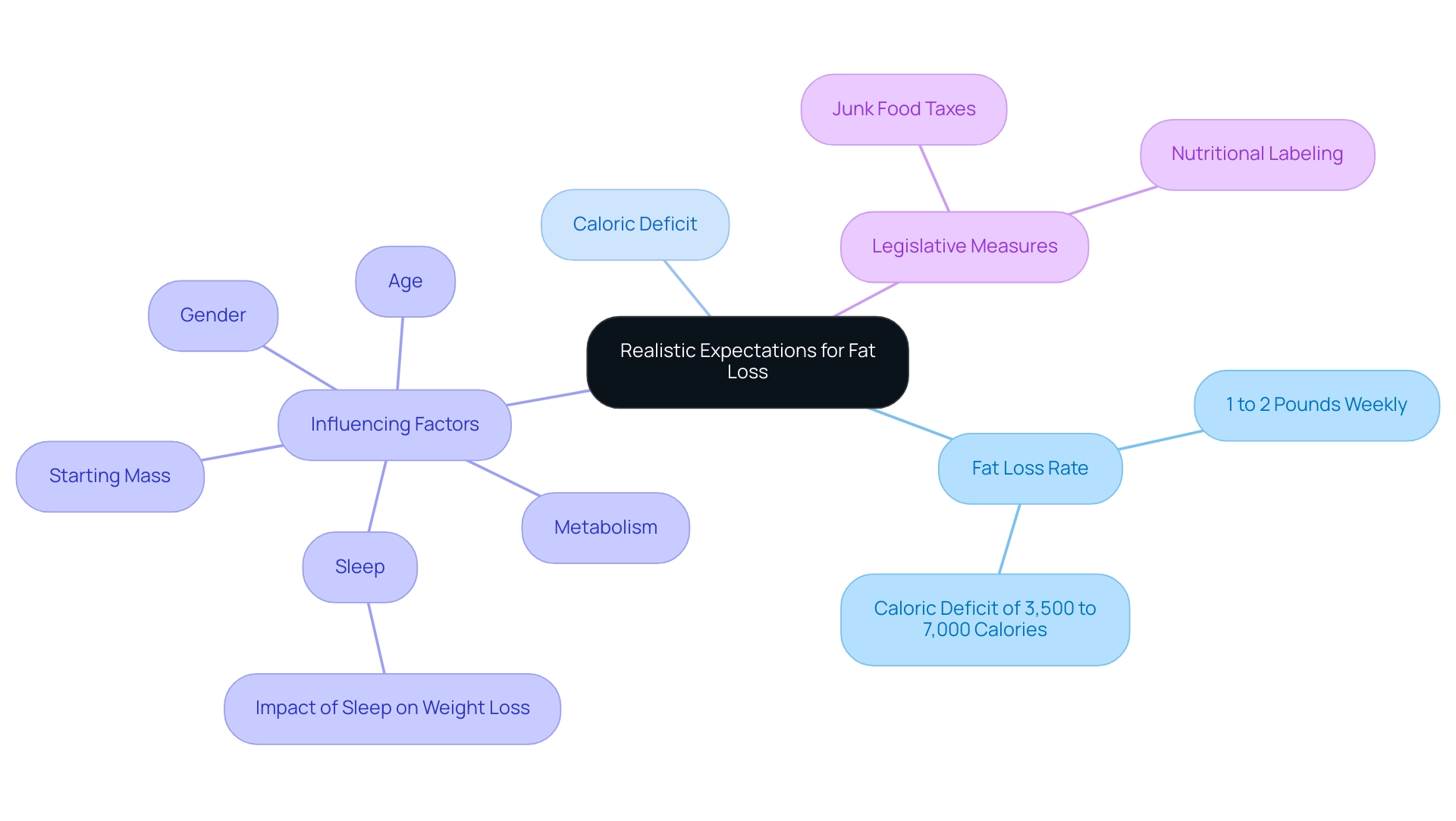 The central node represents the overall topic, with branches indicating key subtopics and their interconnections within the context of fat loss.