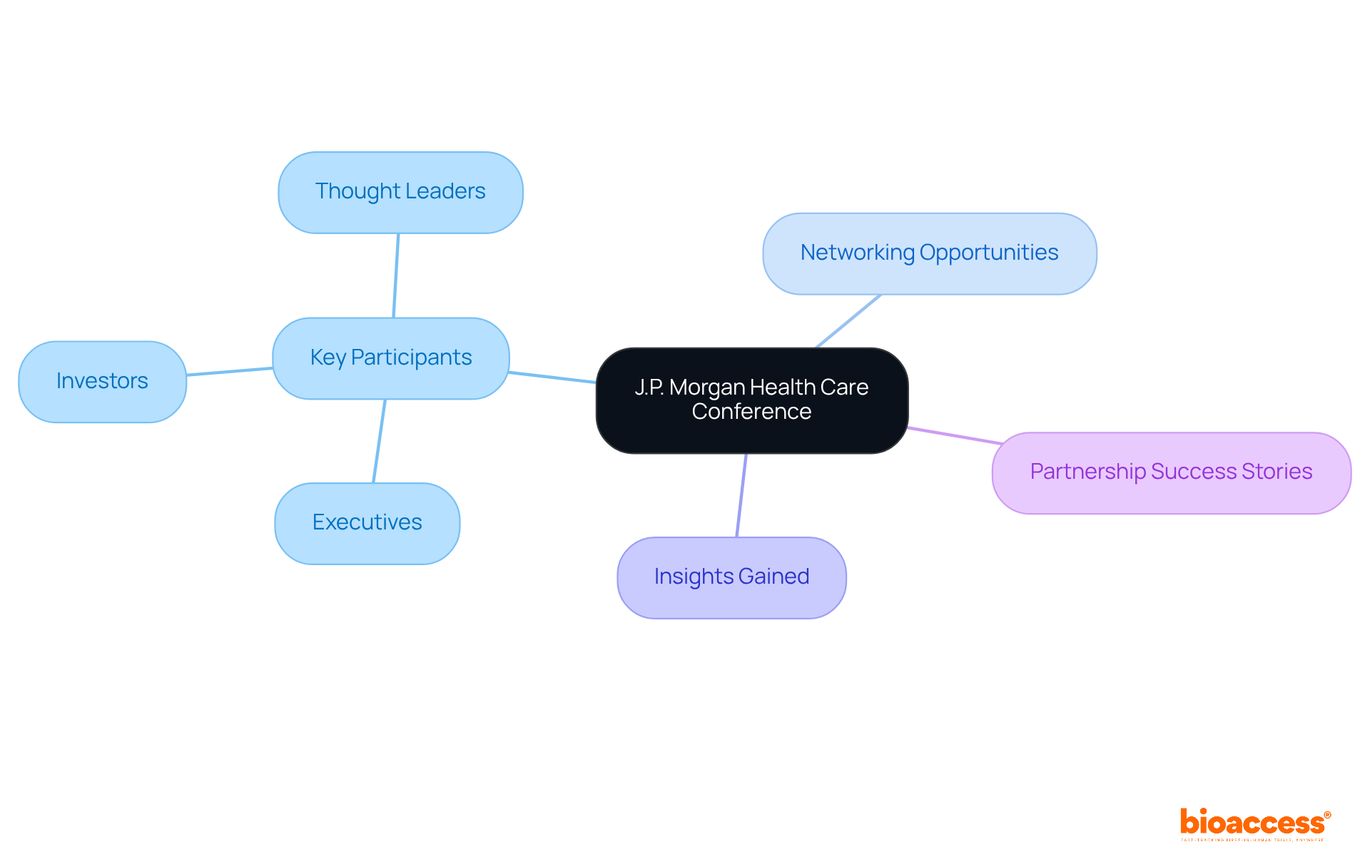 The center shows the conference, with branches representing different aspects: who attends, what insights are gained, and the resulting partnerships. Each branch highlights a crucial part of the networking experience.