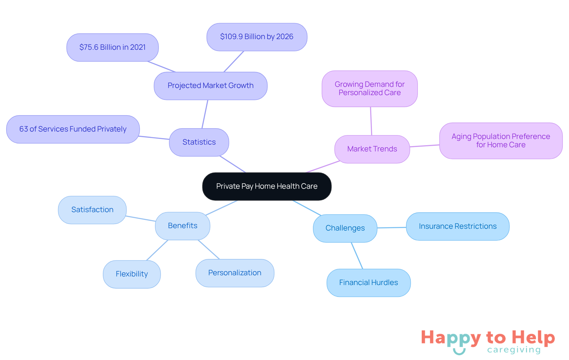 The central node represents the main topic, while branches show the various aspects of private pay home health care. Each branch highlights important points, making it easy to see how challenges and benefits relate to the overall theme.